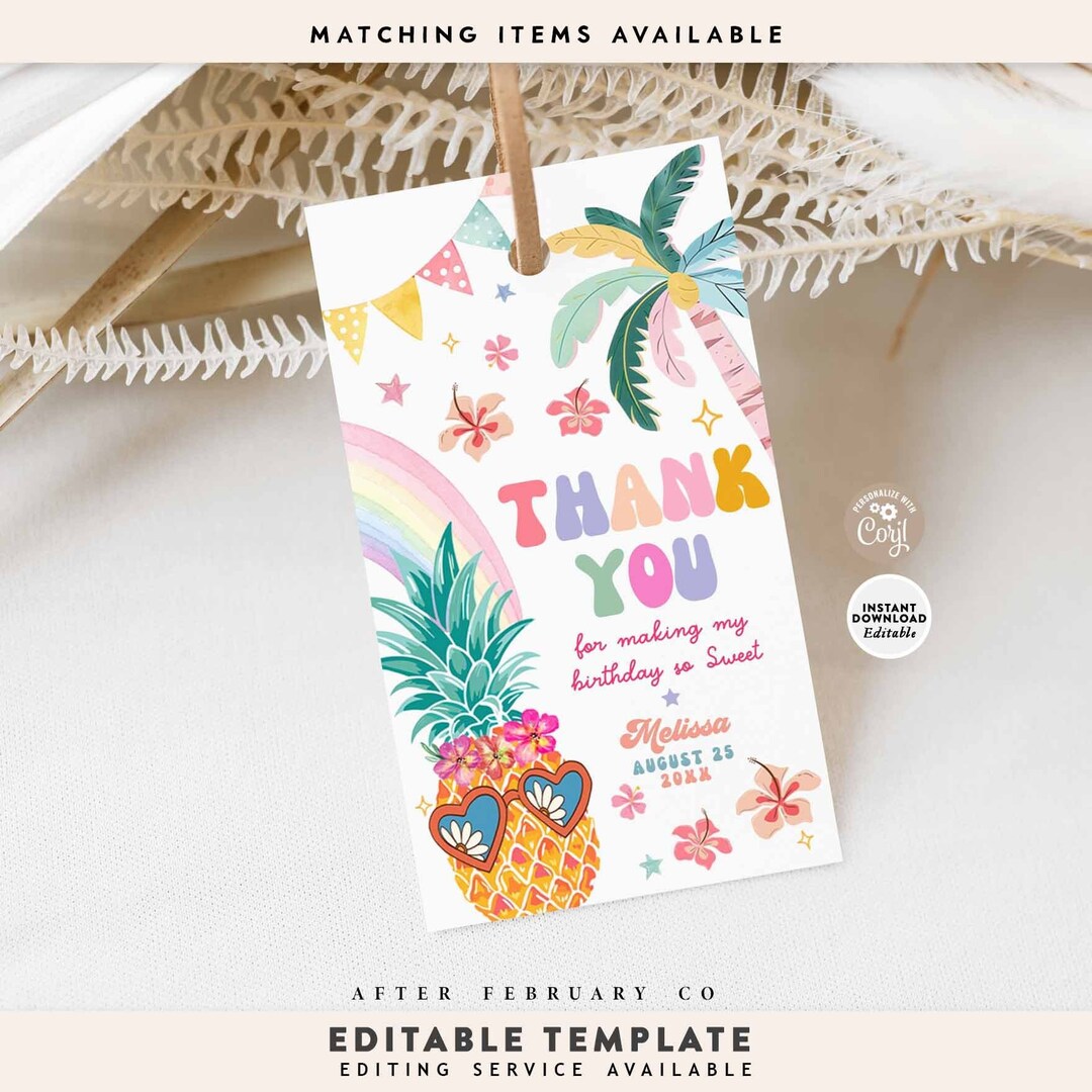 Editable Pineapple Tags Tropical Hawaiian Aloha Birthday Tag Printable ...