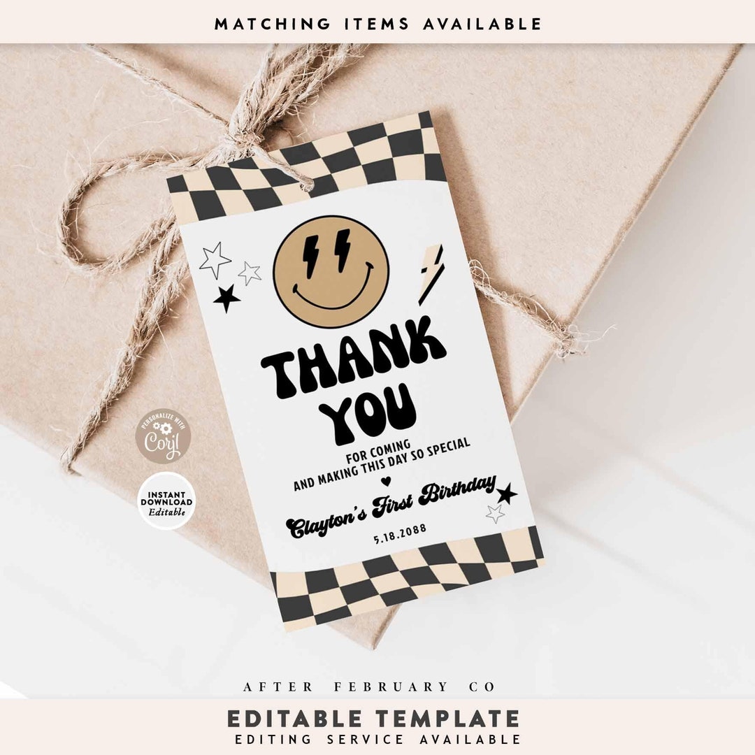 EDITABLE Smiley Face One Happy Dude Thank You Favor Gift Tag Retro ...