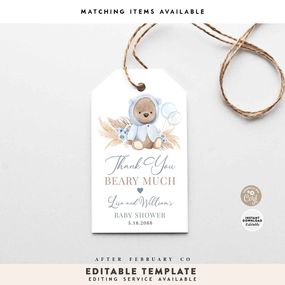 EDITABLE Boho Boy Teddy Bear Thank You Beary Much Favor Gift Tag Bear ...