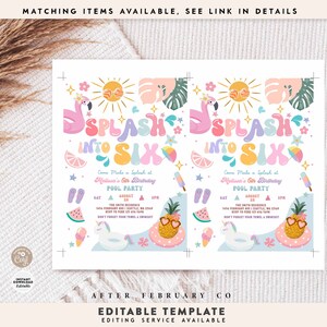 Editable Splash Into SIX 6th Birthday Pool Party Invitation Girly ...