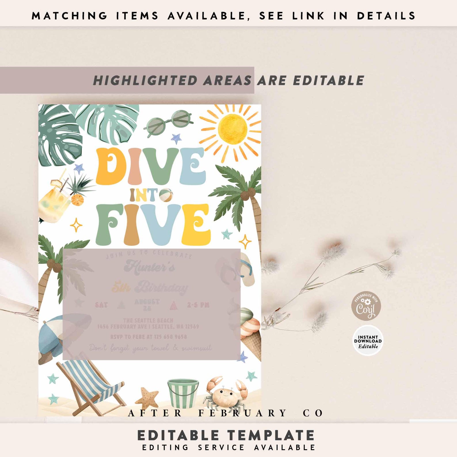 Dive Into Five Boy 5th Birthday Invitation: Beach Theme Birthday Invite ...