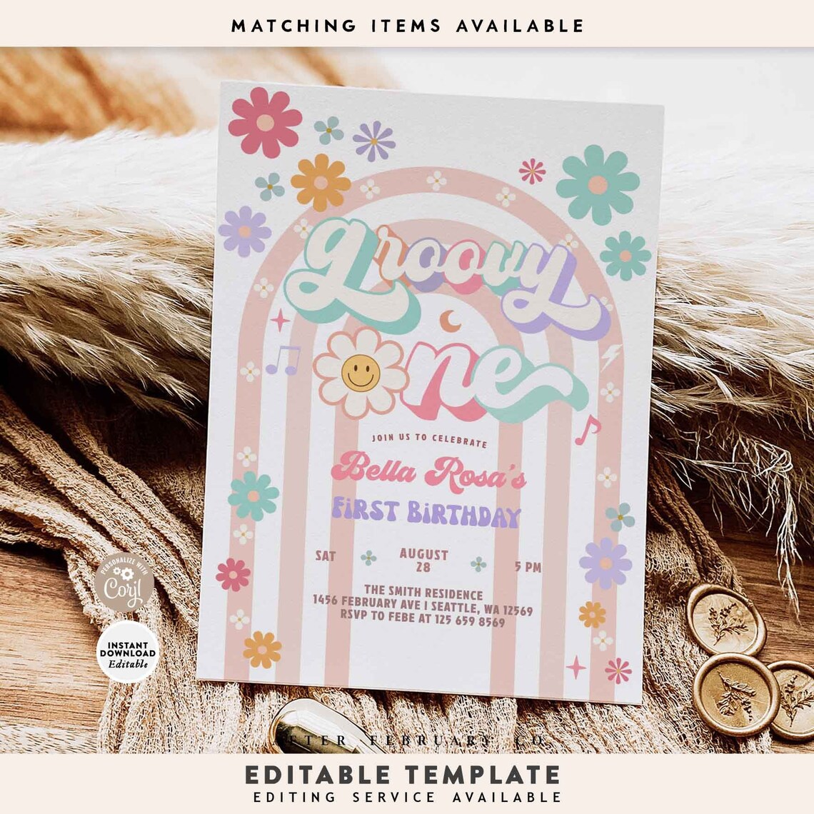 Editable Daisy Groovy ONE First Birthday Party Invitation Colorful Boho ...