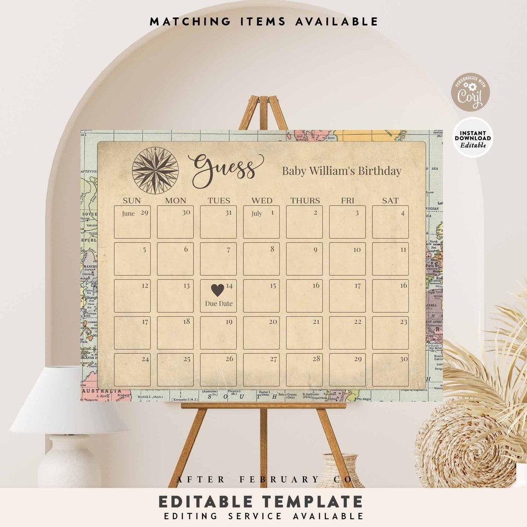 EDITABLE Travel Compass Around the World Gender Neutral Due Date ...