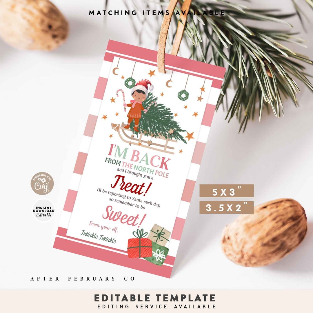 EDITABLE Girl Elf Hello Welcome Back I'm Back Elf Tags Pink Elf Return ...