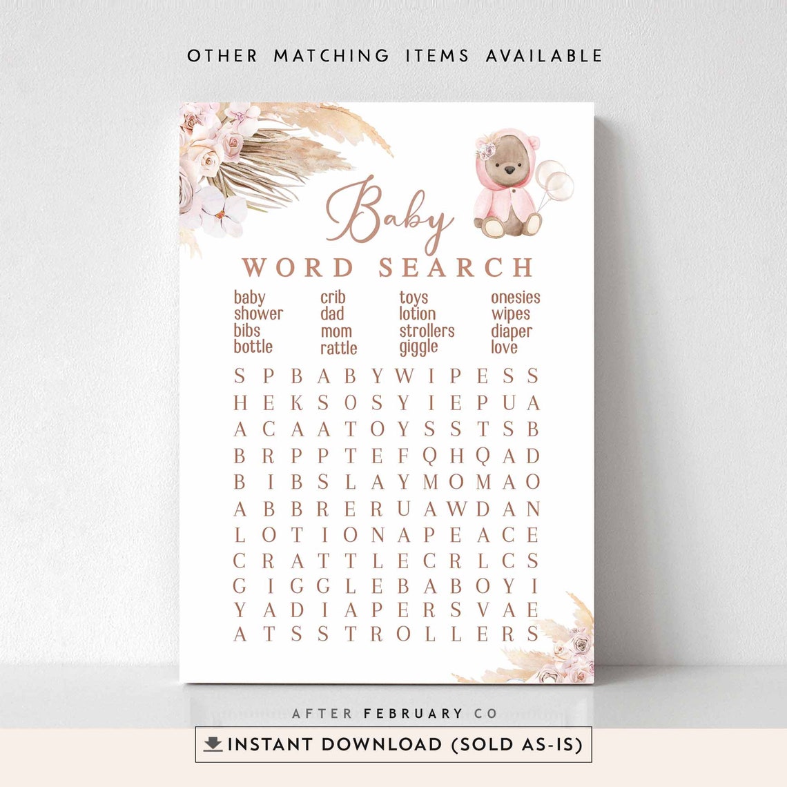 Pampas Grass Pink Boho Teddy Bear Baby Word Search Game Baby - Etsy