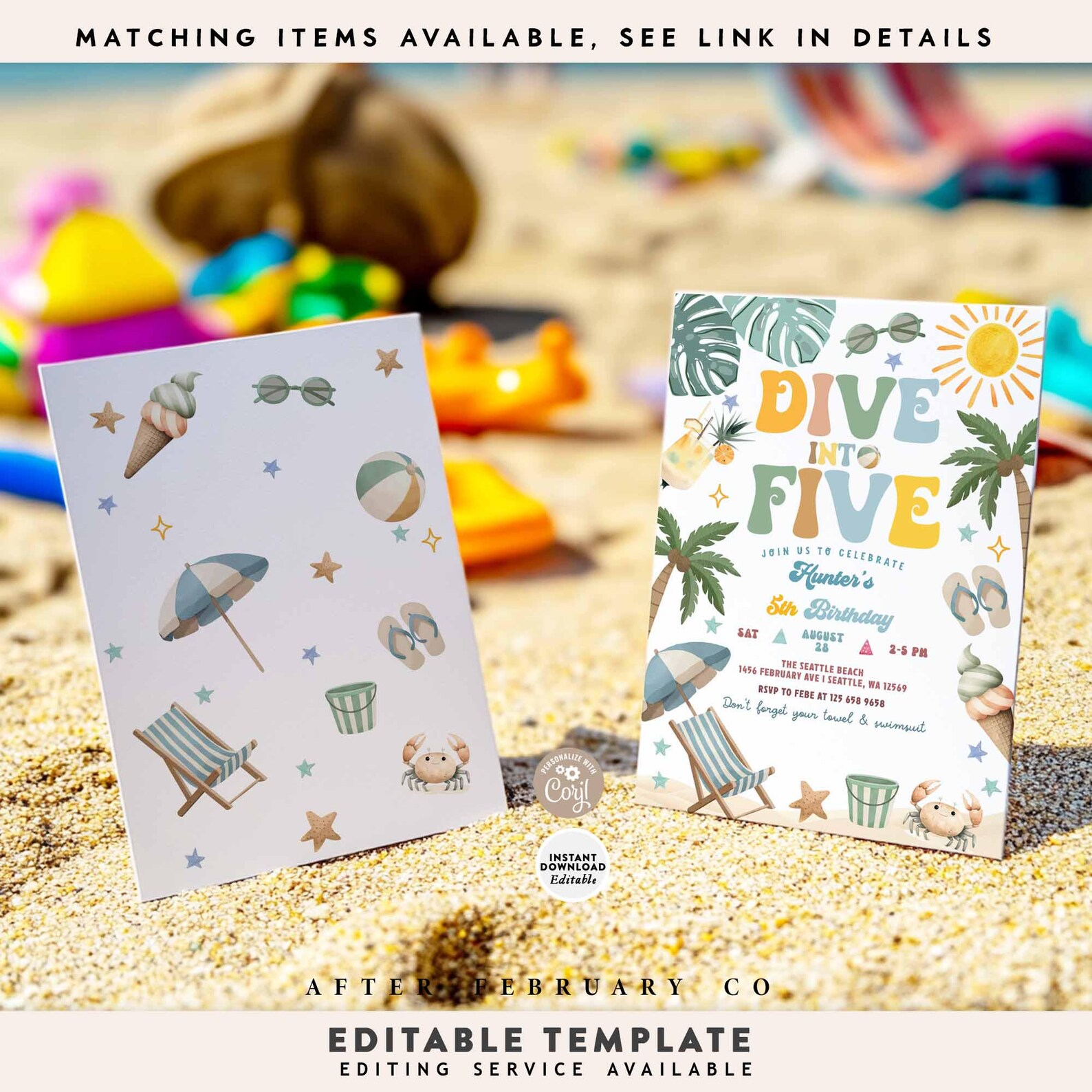 Dive Into Five Boy 5th Birthday Invitation: Beach Theme Birthday Invite ...