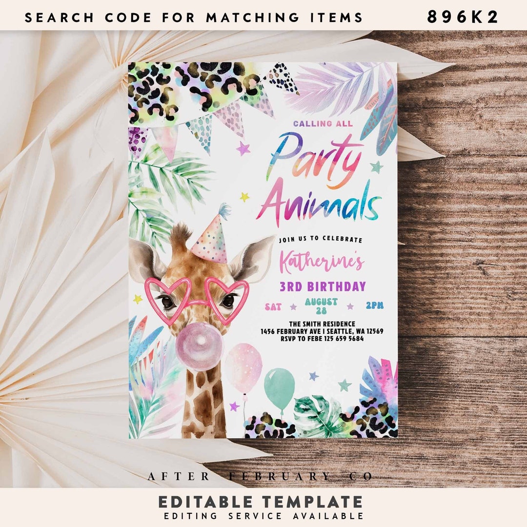 EDITABLE Girl Giraffe Calling All Party Animals Birthday Invitation Wild Jungle Animal Zoo ...