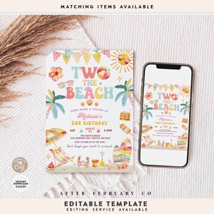Editable TWO the Beach Party 2nd Birthday Invitation Girly Summer ...