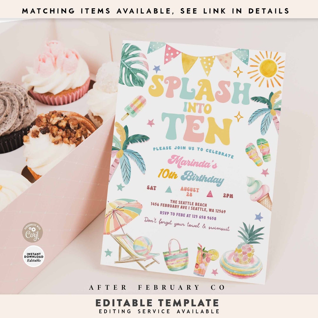 Editable Splash Into TEN 10th Birthday Pool Beach Party Girl Twins ...
