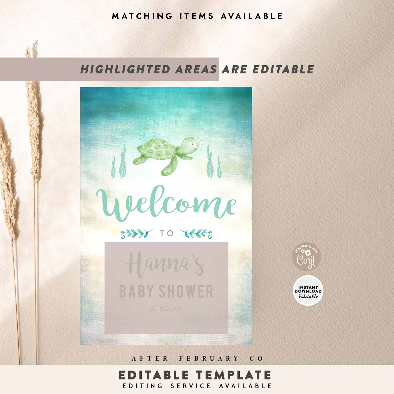 EDITABLE Sea Turtle Baby Shower Welcome Sign Under the Sea Welcome Sign ...