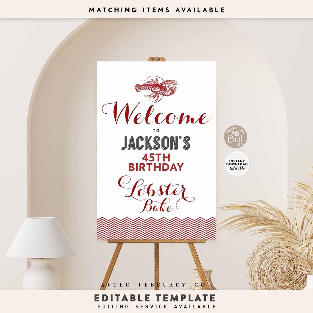 Lobster Bake Birthday Welcome Sign: Editable Seafood Party Decor ...