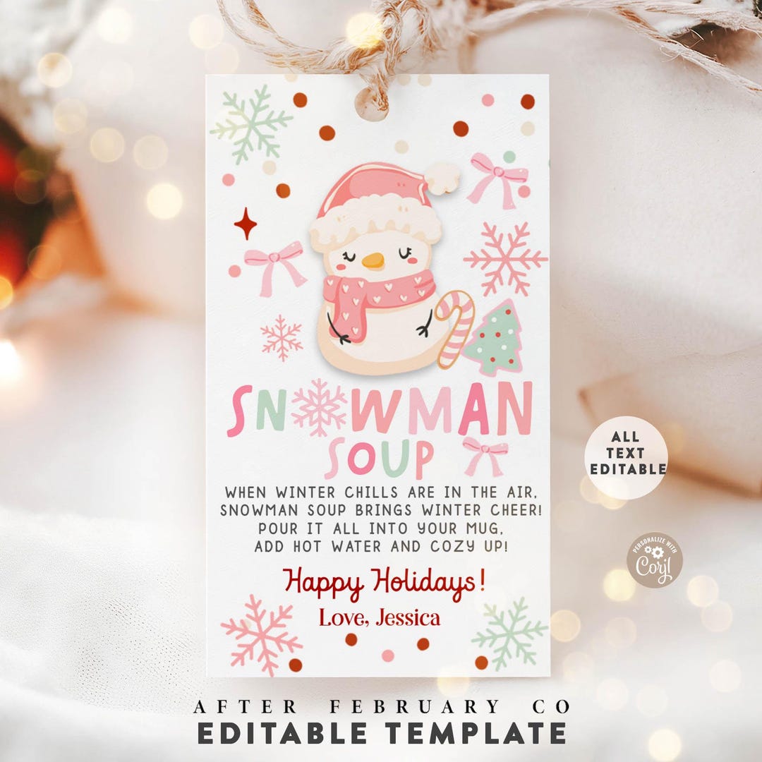 Editable Snowman Soup Gift Tag: Pink Hot Cocoa Treats Tags Printable ...