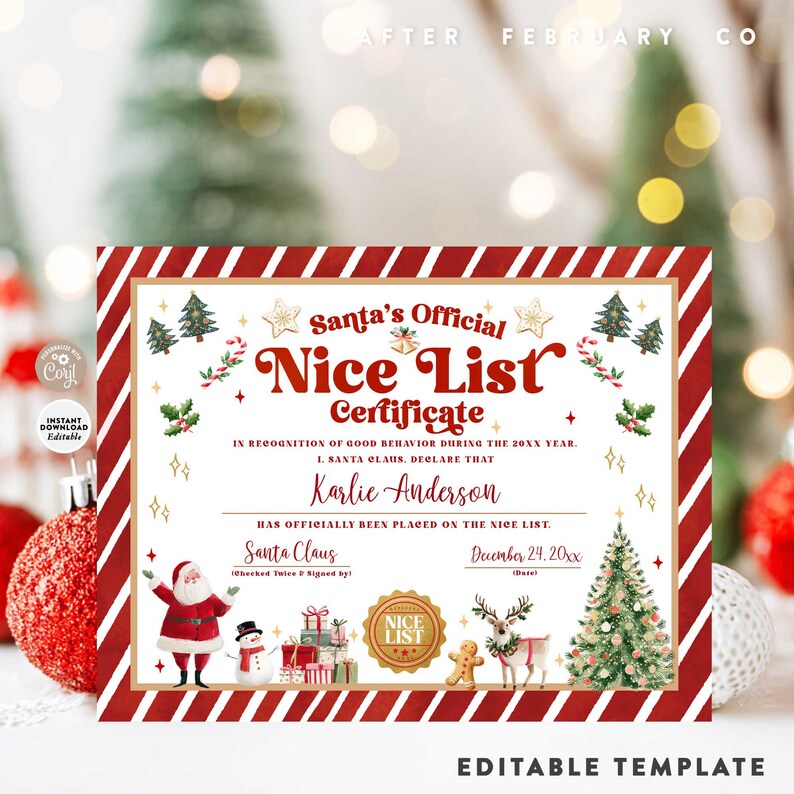 EDITABLE Nice List Certificate: Christmas Eve Box Traditions North Pole ...