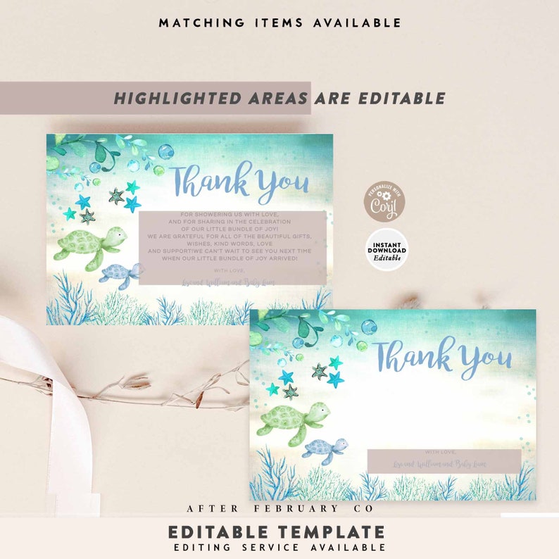 EDITABLE Blue Sea Turtle Thank You Flat Note Card 4x6" Sea Turtle Baby ...