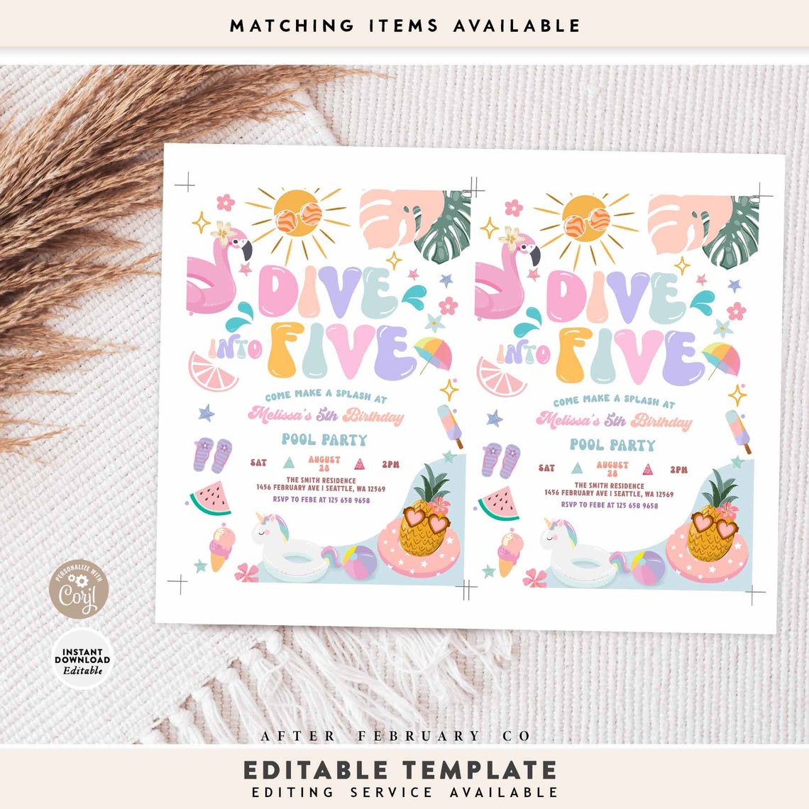 Editable Dive Into FIVE Pool Party 5th Birthday Invitation Tropical ...