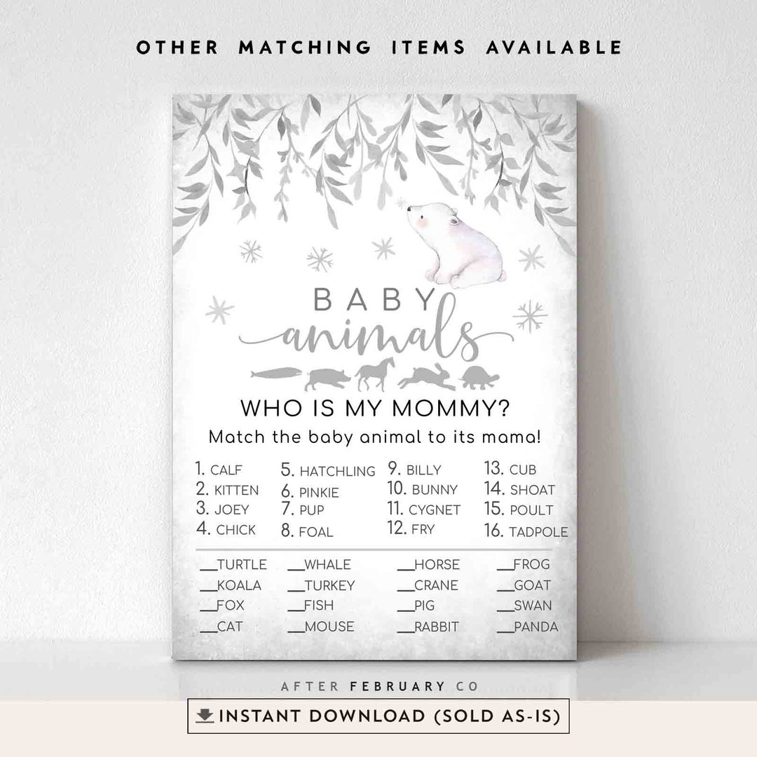 Winter Polar Bear Baby Shower Games Baby Animals Matching Game Gender ...