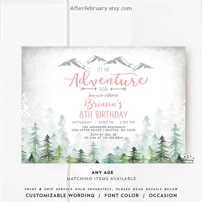 Adventure Birthday Invitation Girl Outdoor Mountain Tree | Etsy