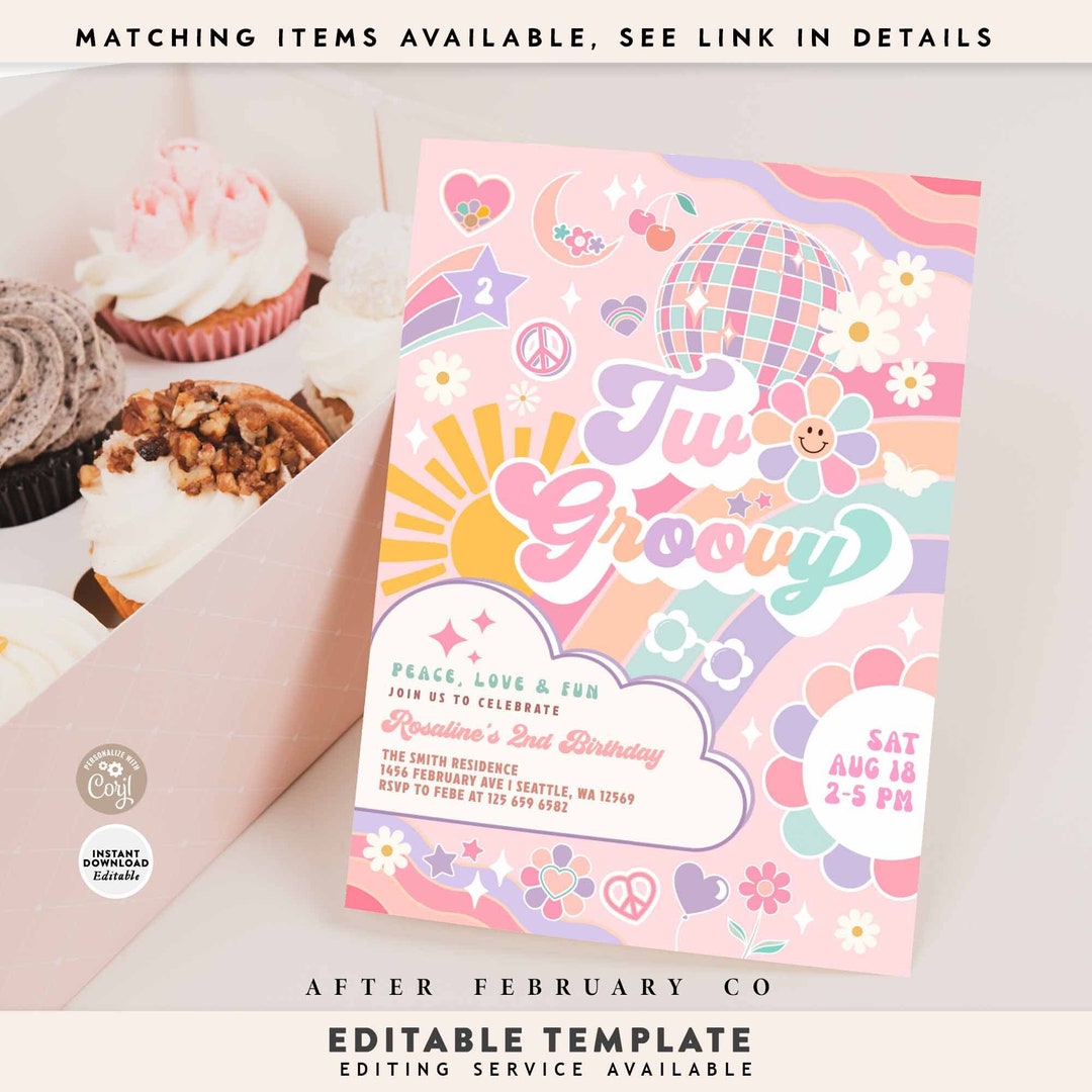 Editable Groovy TWO Groovy 2nd Birthday Party Invitation Rainbow Disco ...
