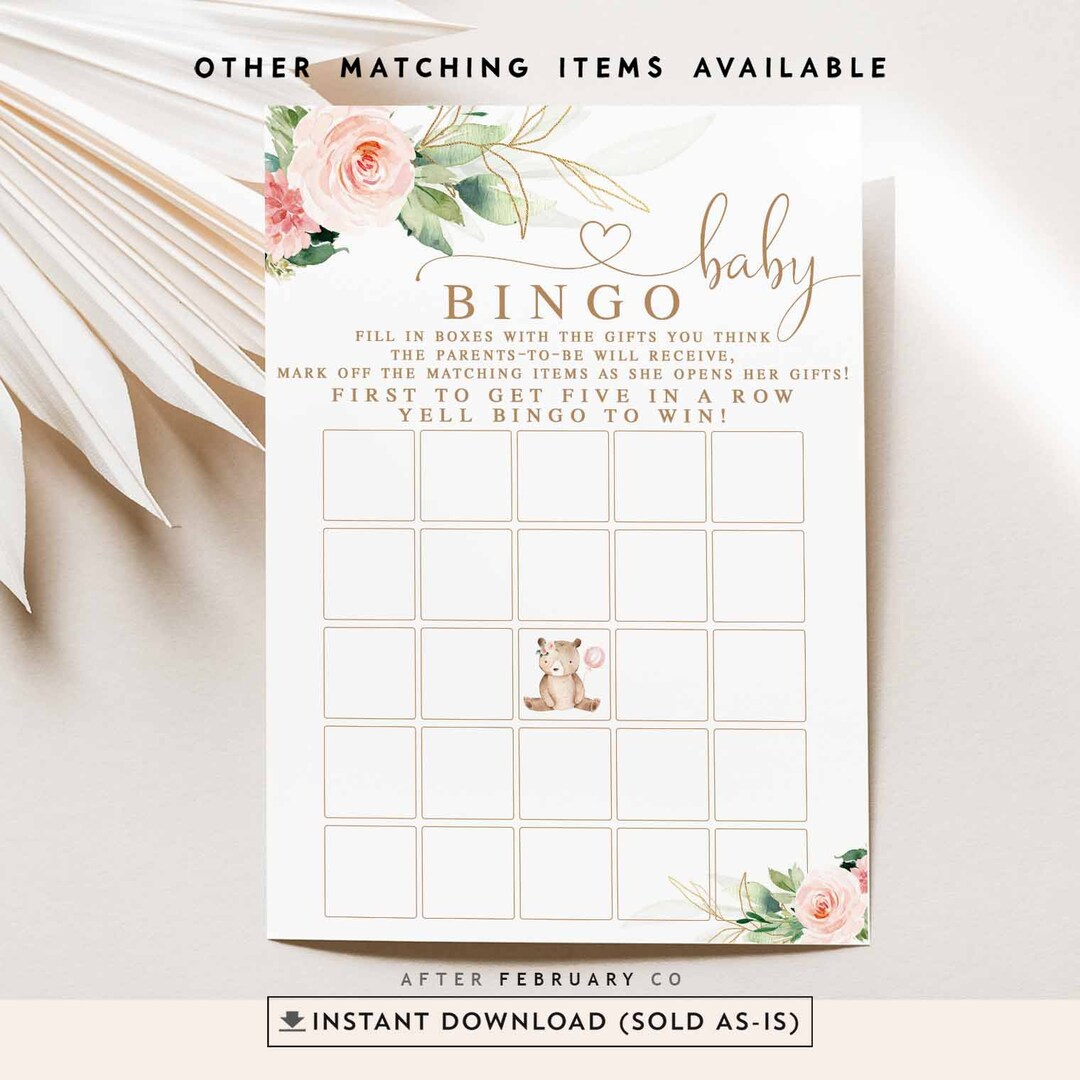 Pink Gold Girl Teddy Bear Baby Bingo Game We Can Bearly Wait Teddy Bear ...