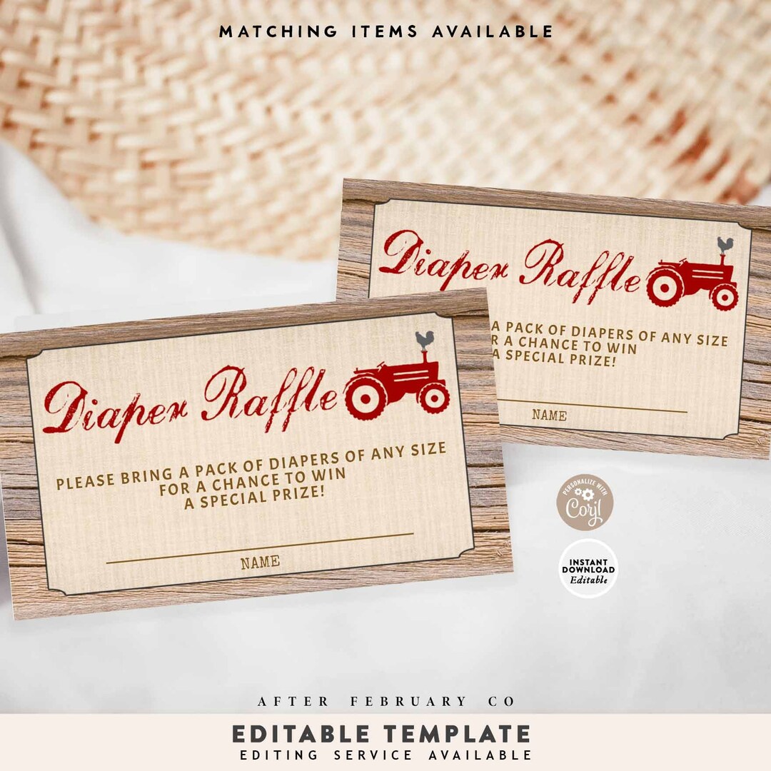 EDITABLE Red Tractor Rustic Farm Diaper Raffle Ticket Insert Baby ...