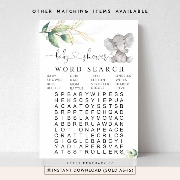 Elephant Baby Shower Word Search - Etsy