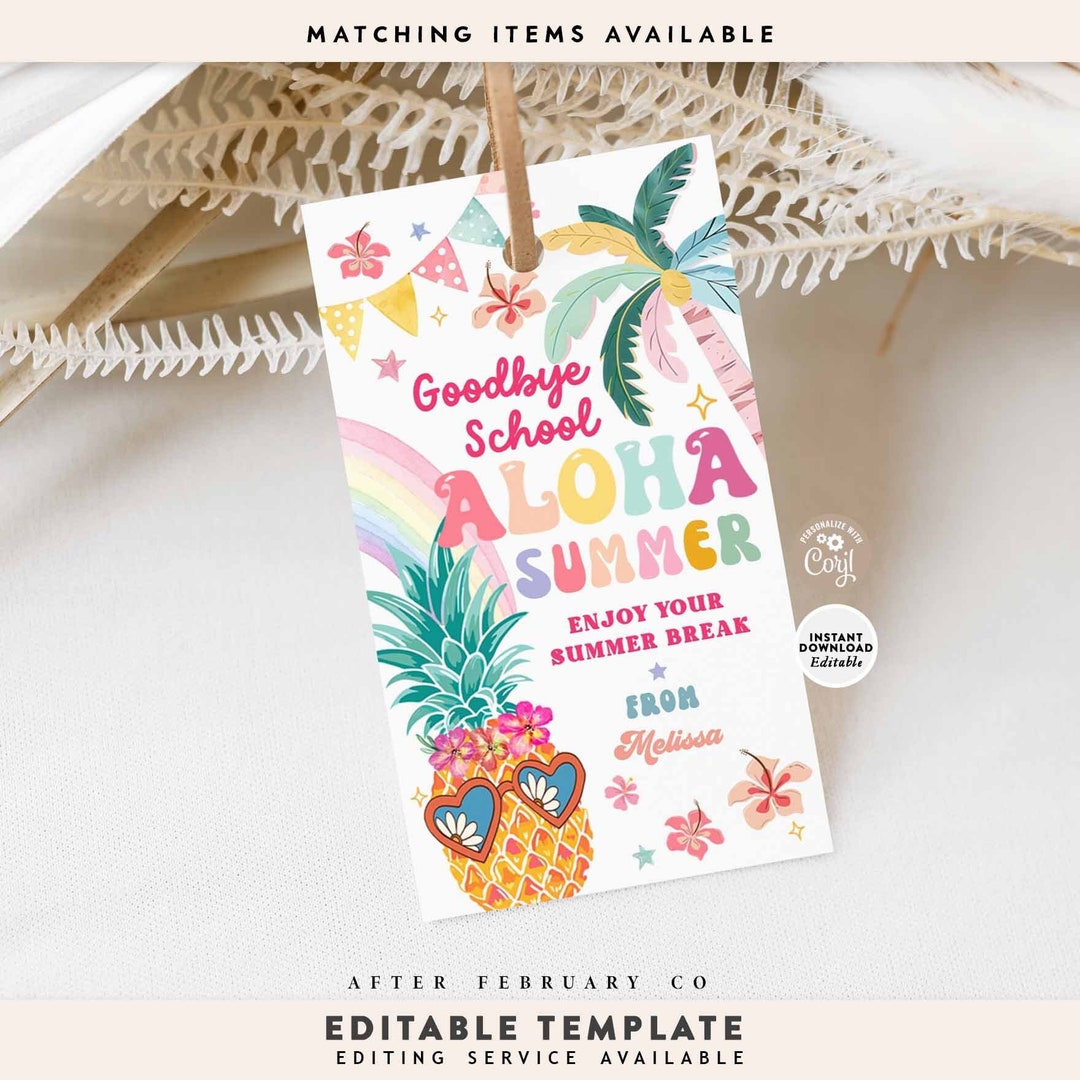 Editable Goodbye School Aloha Summer Teacher Tag Appreciation Gift Tags ...