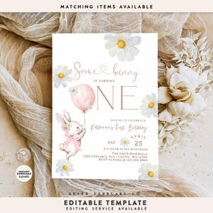 Editable Somebunny Turn One First 1st Birthday Invitation: Pink Daisy ...
