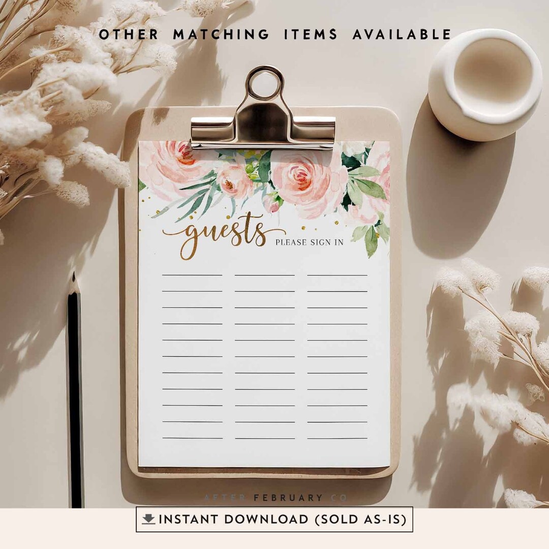 Guest List Guest Sign in Sheet Blush Pink and Gold Confetti Floral Sign ...