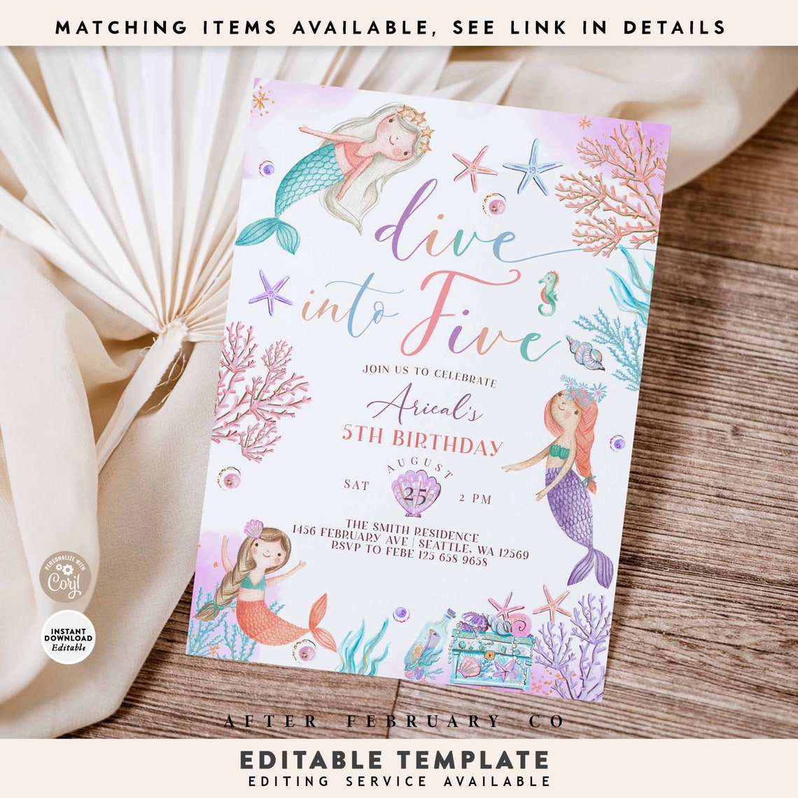 Editable Mermaid Dive Into Five 5th Birthday Invitation Under the Sea ...