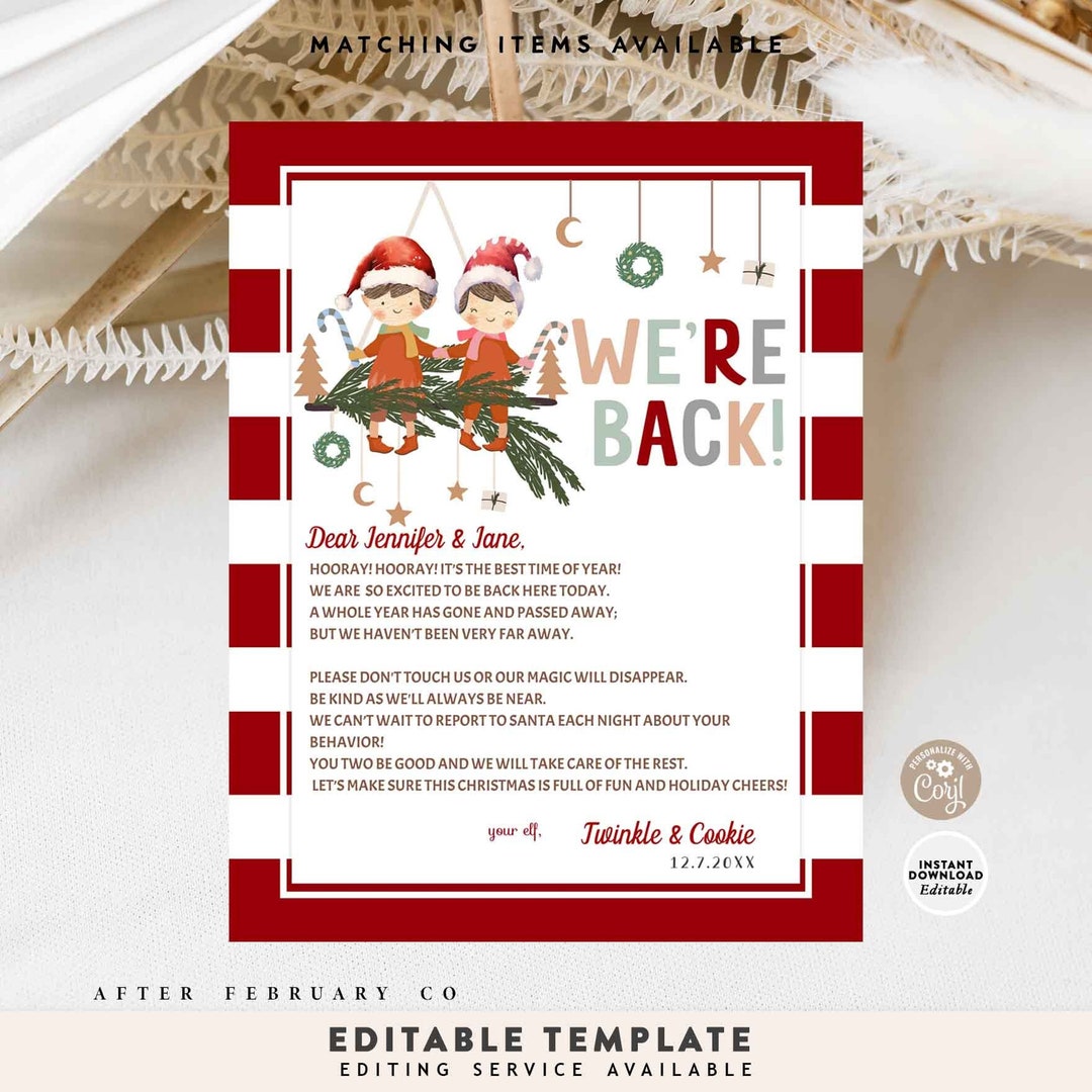Editable BOY GIRL 2 Elf Welcome Back I'm Back Letter Modern Elf We Are ...