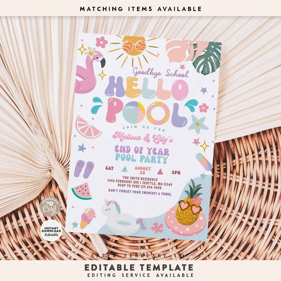 Editable End of Year Pool Party Invitation Girly Summer Swimming Pool ...