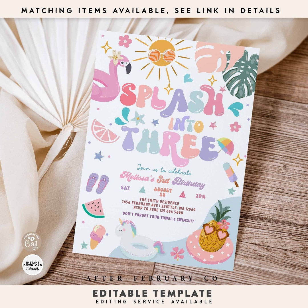 Editable Splash Into THREE 3rd Birthday Pool Party Invitation Girly ...