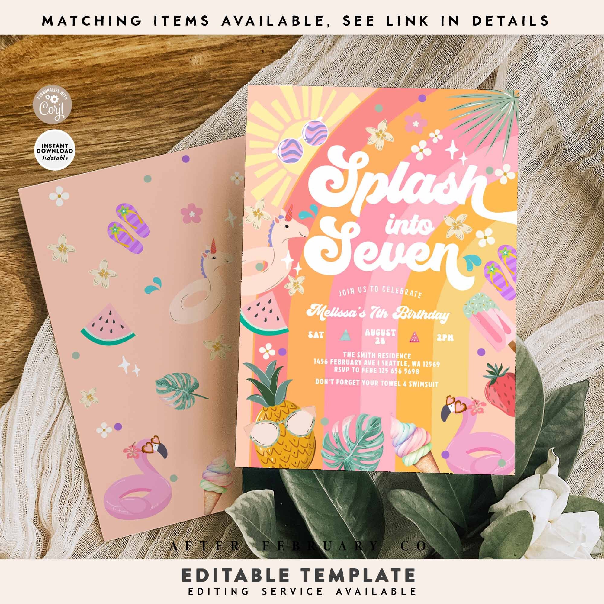 Splash Into Seven 7th Birthday Pool Party Invitation: Swimming Invite ...