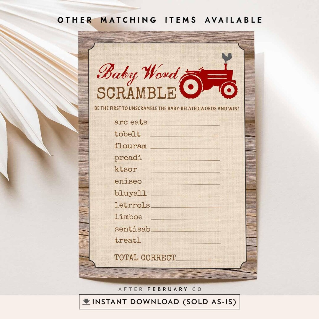 Red Tractor Rustic Farm Baby Word Scramble Game Baby Shower Boy Rustic ...
