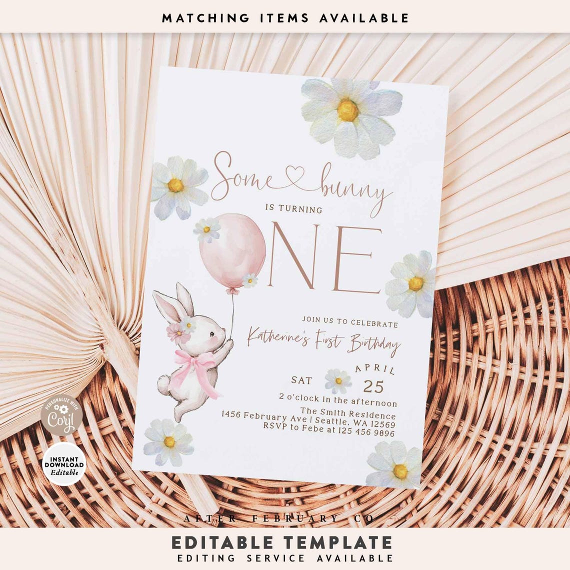Editable Somebunny Turn One First 1st Birthday Invitation: Pink Daisy ...
