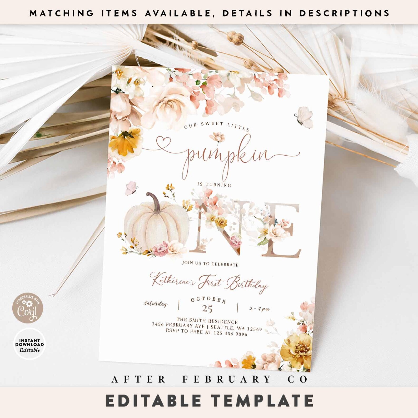 Editable Fall Pumpkin First 1st Birthday Invitation: Pumpkin Invites ...