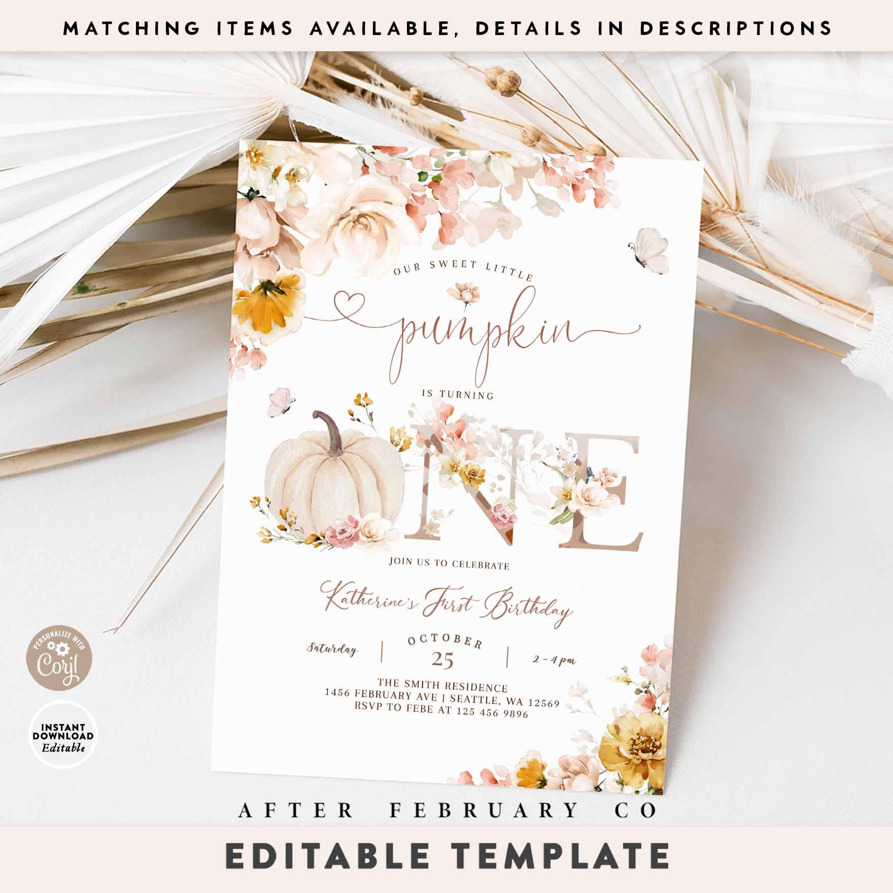 Editable Fall Pumpkin First 1st Birthday Invitation: Pumpkin Invites ...