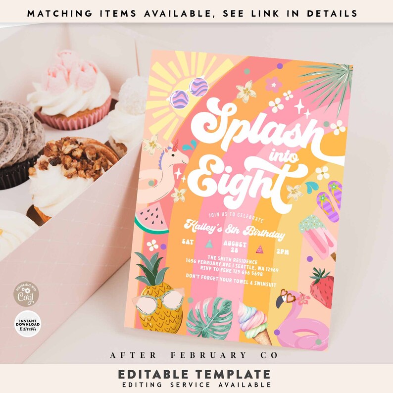 Editable 8th Birthday Pool Party Invitation: Rainbow Splash Into Eight ...
