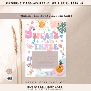 Splash Into Three 3rd Birthday Pool Party Invitation: Girly Swimming ...