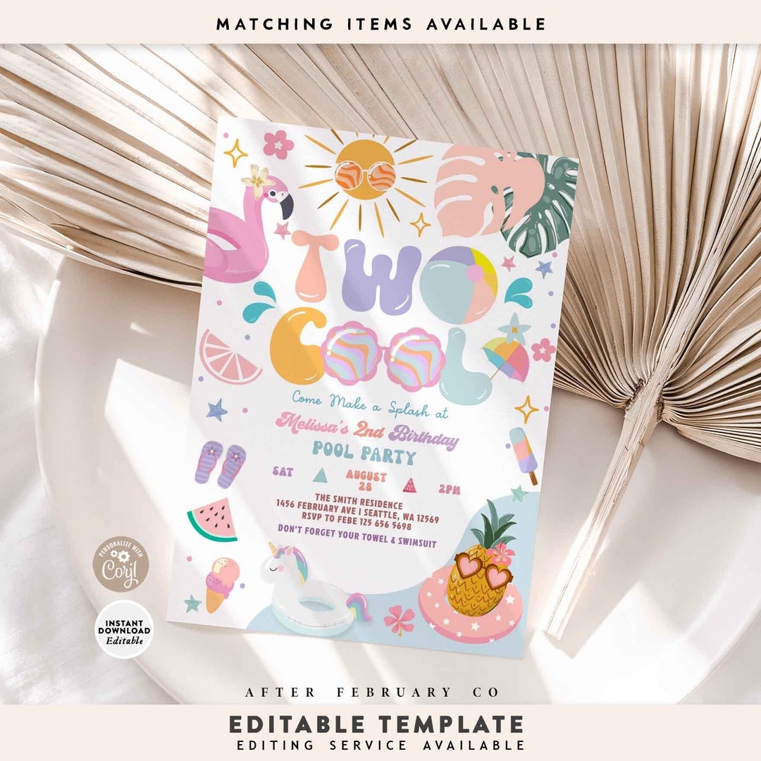 Editable TWO COOL 2nd Birthday Pool Party Invitation Girly Summer ...