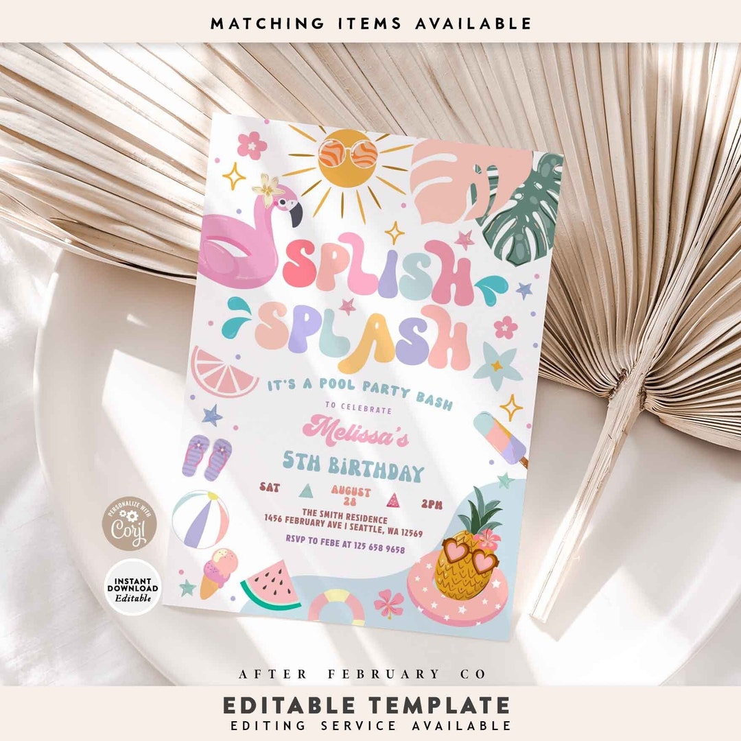 Editable Splish Splash Pool Party Invitation Tropical Girly Summer Swimming Pool Party Splash ...
