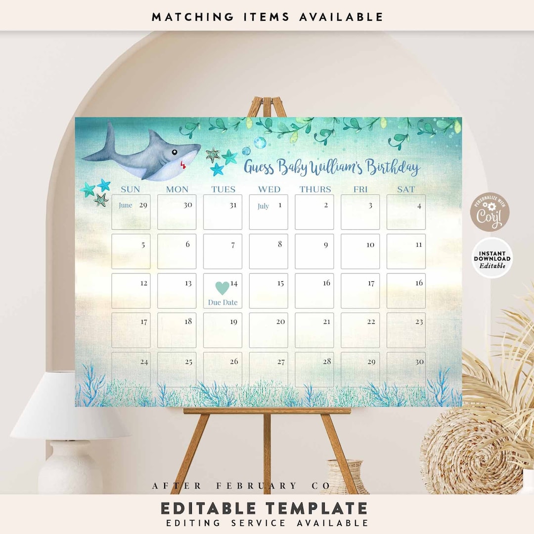EDITABLE Boy Shark Boy Due Date Calendar Printable Mint Blue Teal ...