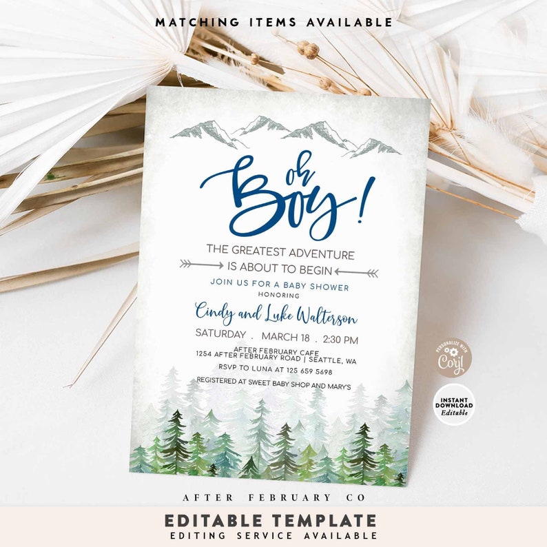 Editable Adventure Baby Shower Invitation Oh Boy Forest Blue - Etsy