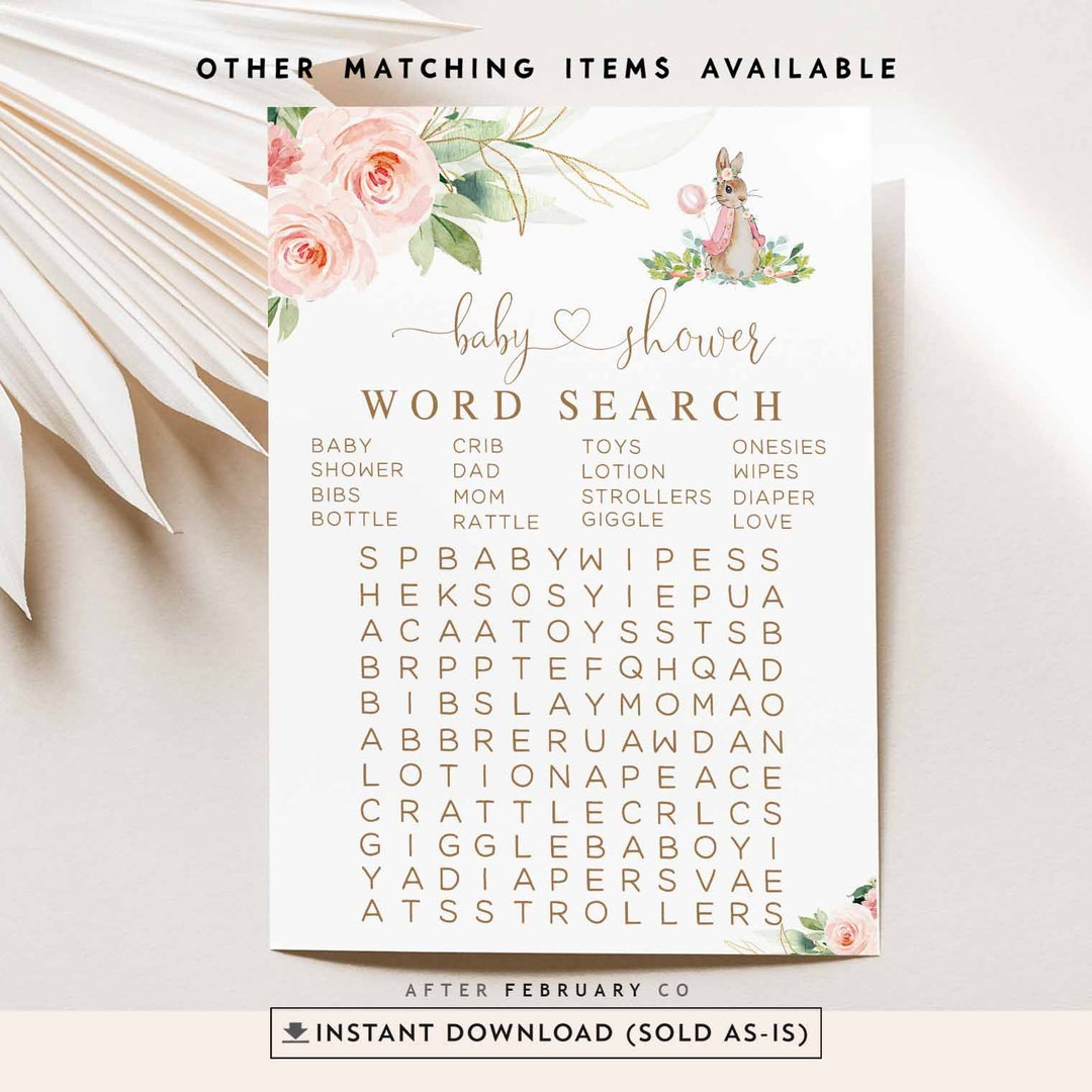 Greenery Pink Girl Flopsy Peter Rabbit Baby Shower Game Baby Word ...