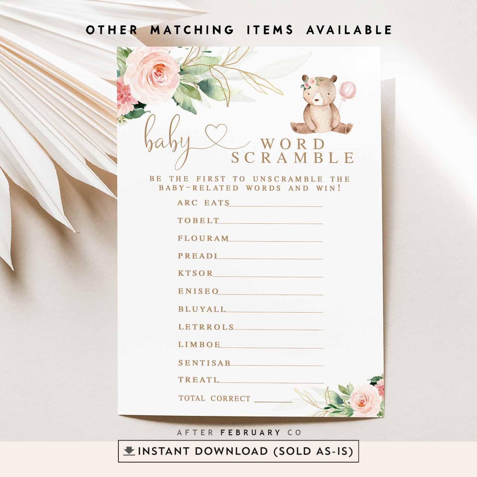 Pink Gold Girl Teddy Bear Baby Word Scramble Game We Can Bearly Wait ...