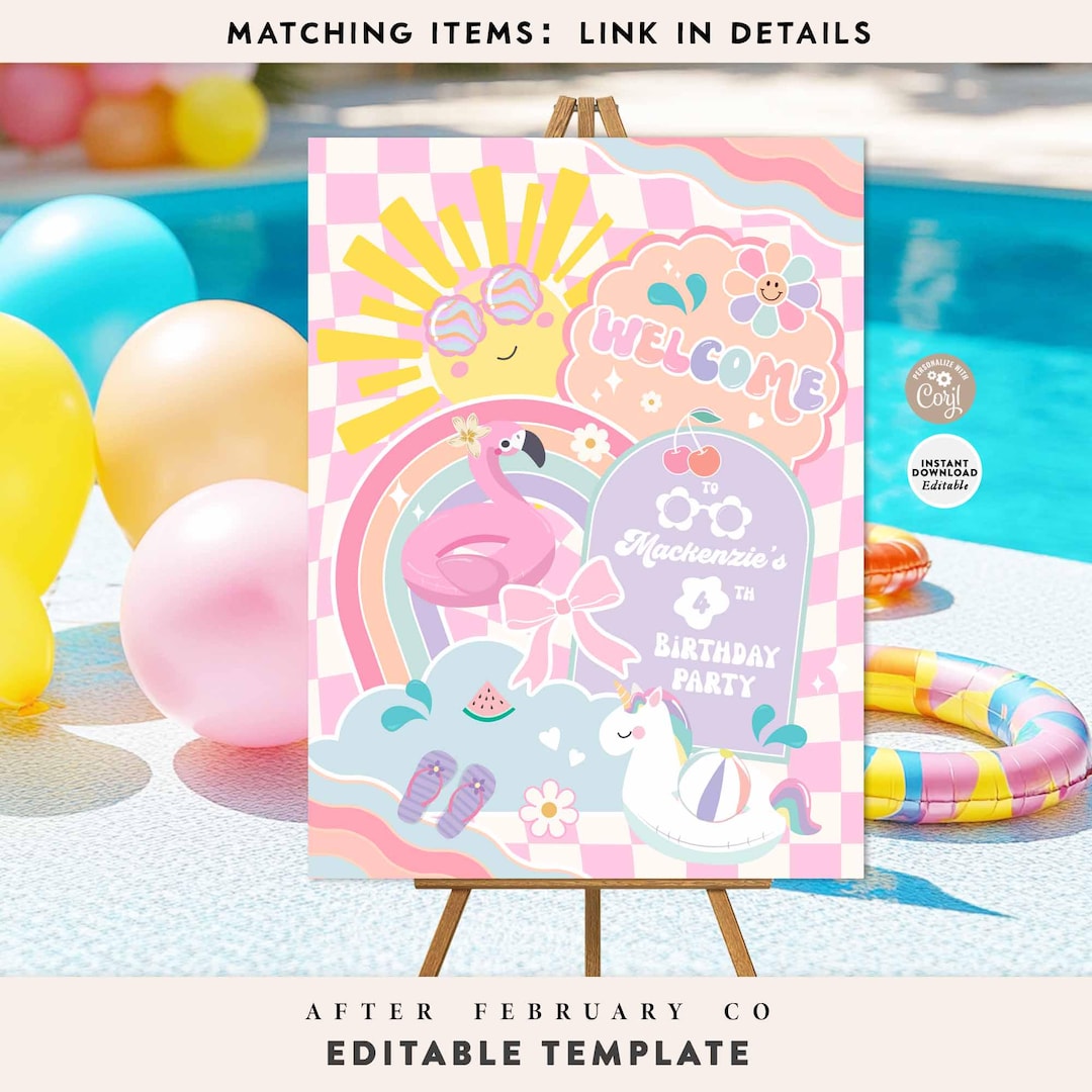 Preppy Pool Party Welcome Sign: Girly Swimming Birthday Decor (editable ...