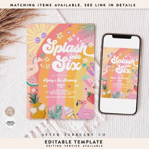 Editable Splash Into SIX 6th Birthday Pool Party Invitation Girly ...