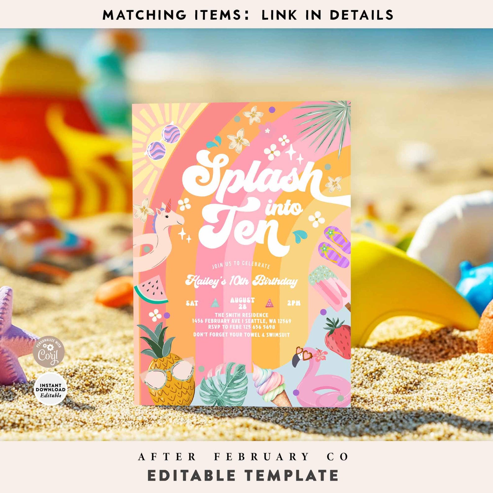 Splash Into TEN 10th Birthday Invitation: Rainbow Pool Party Invite ...