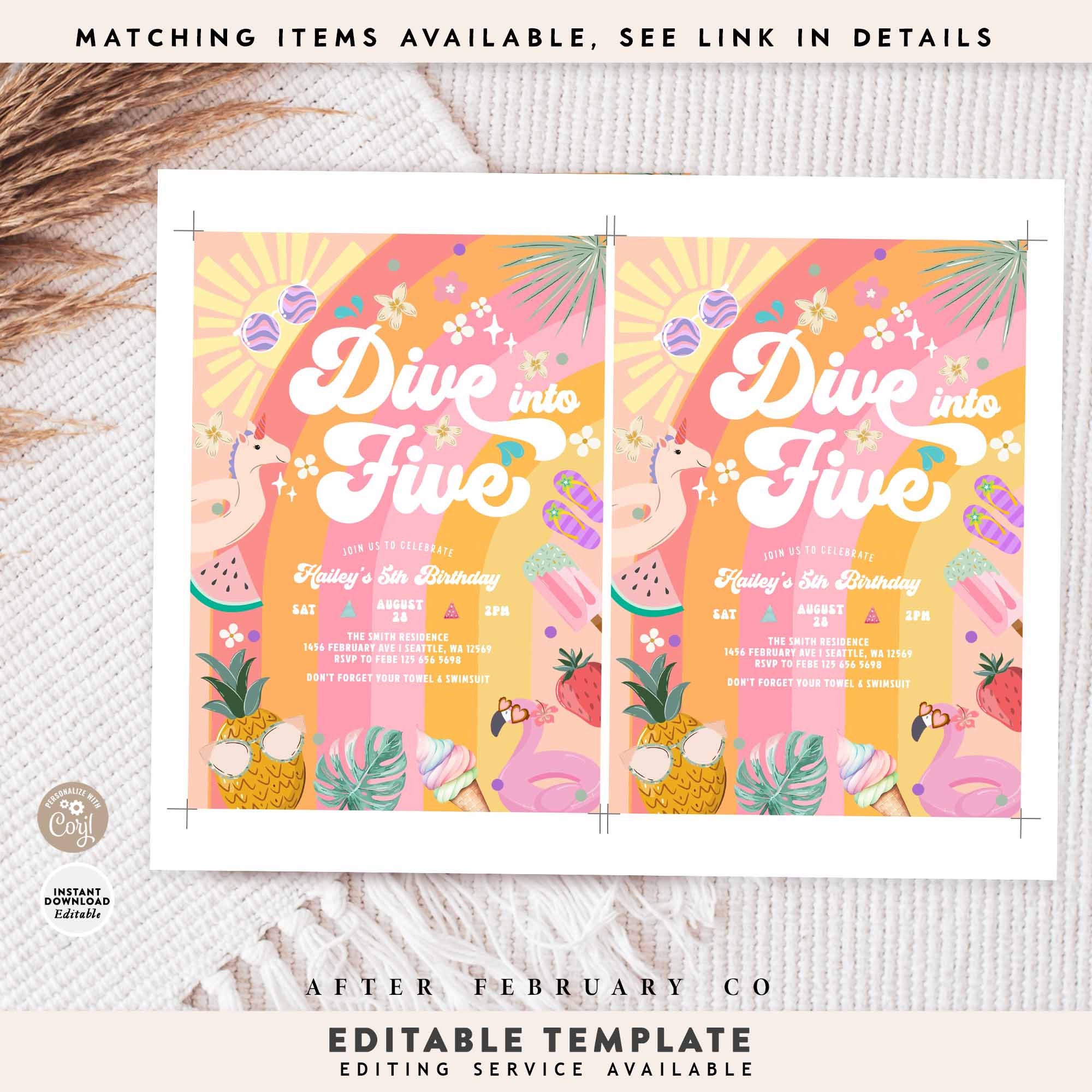 Dive Into Five 5th Birthday Pool Party Invitation: Girl Swimming Invite ...