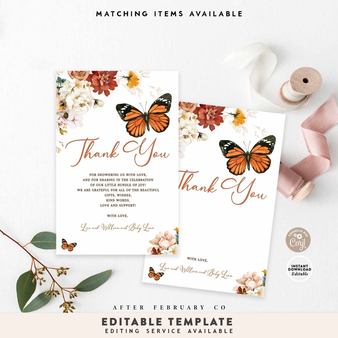 EDITABLE Monarch Butterfly Thank You Flat Note Card Garden Wildflower ...